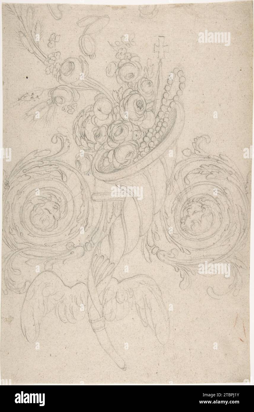 Cornucopia Held Aloft by Angels, Ornament with Cross and Rosary 1955 by ...