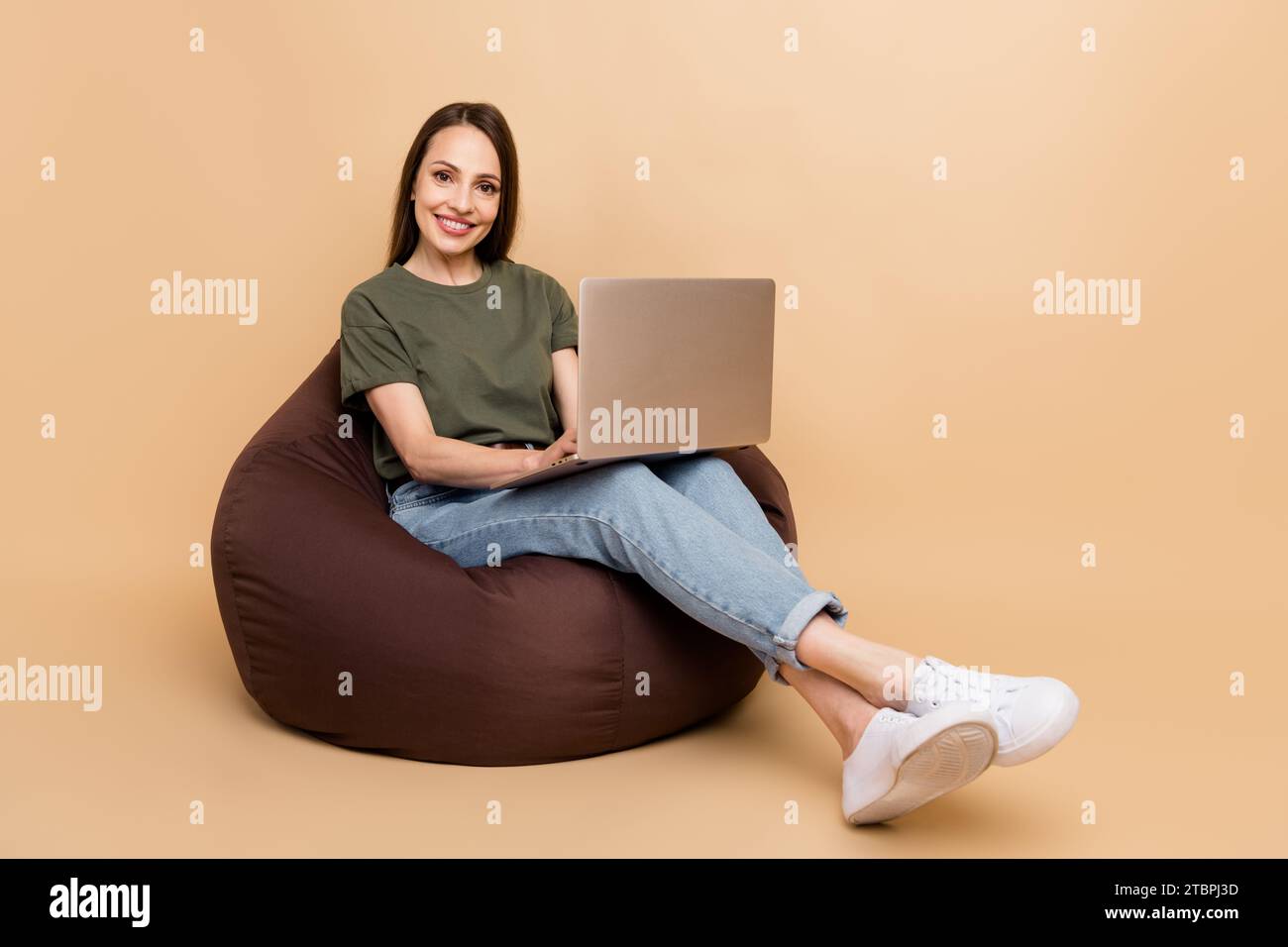Full body photo of programming woman learning new code language using ...
