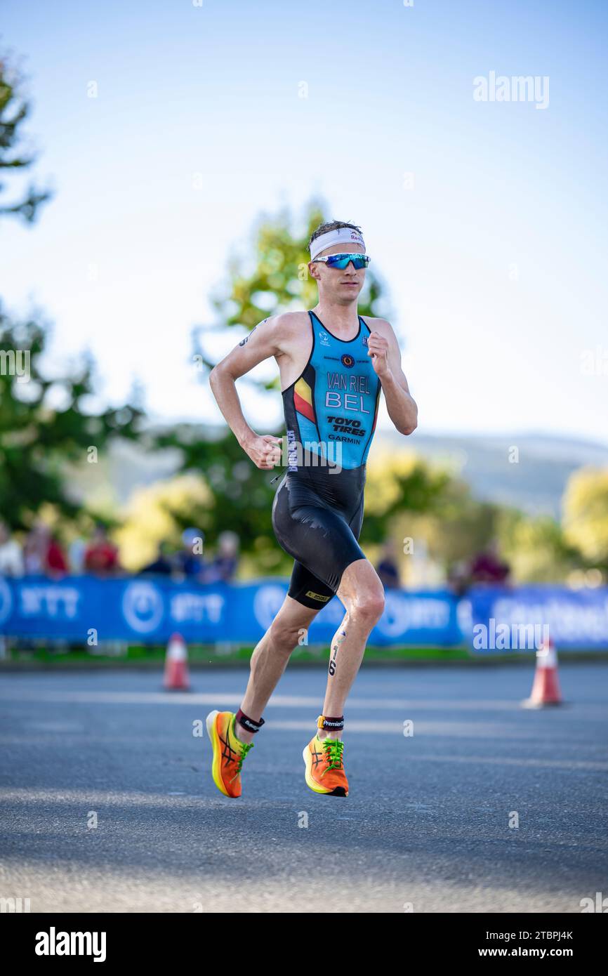 Marten Van Riel participating in Pontevedra in the 2023 World Triathlon ...