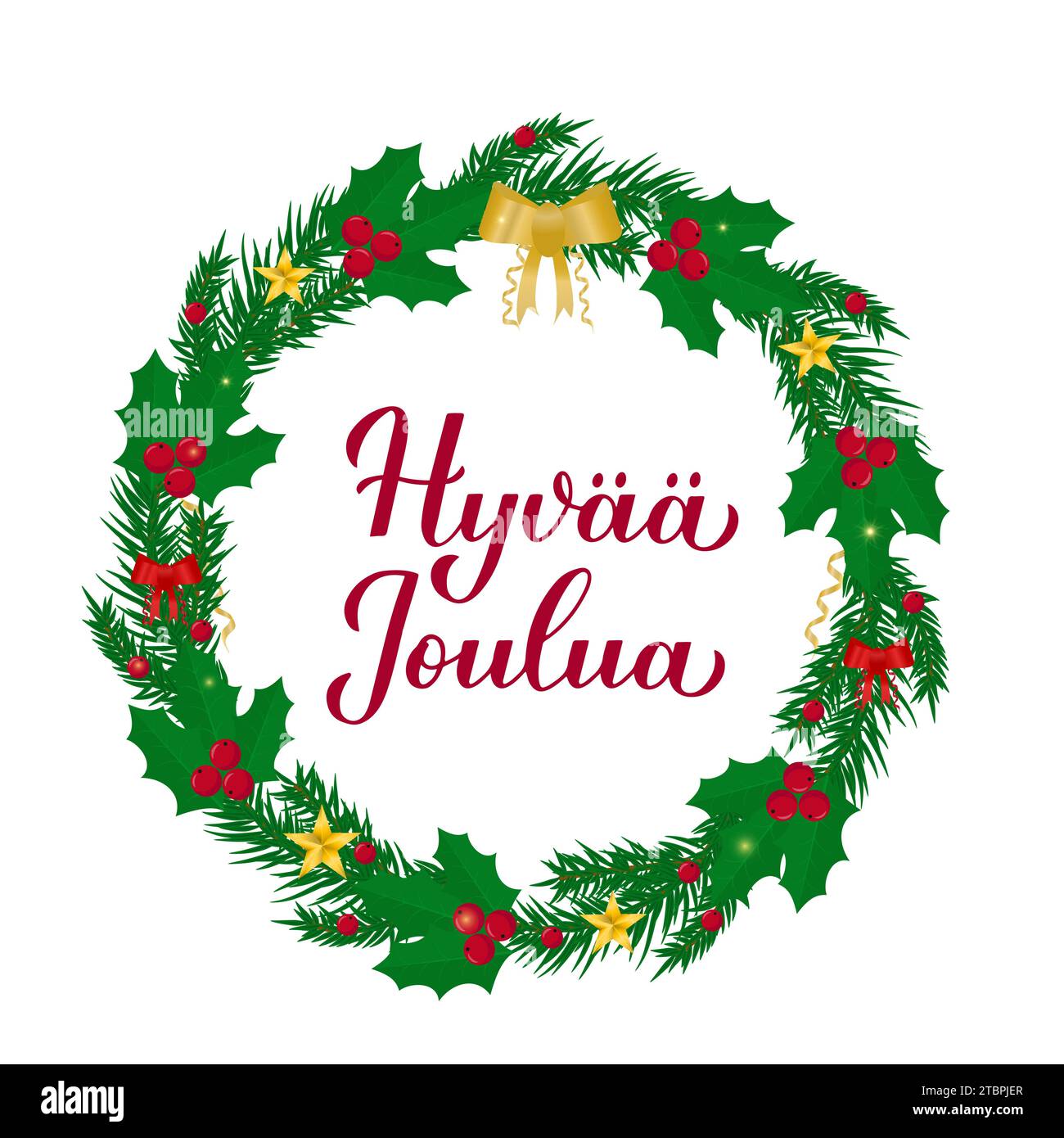Hyvaa Joulua calligraphy hand lettering with wreath of fir tree ...