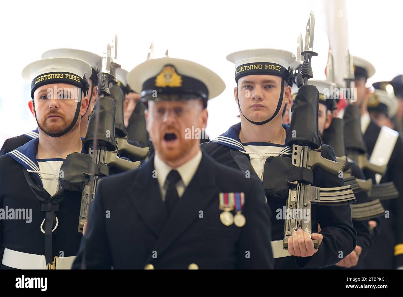 Personnel from 809 Naval Air Squadron parade during the commissioning ...