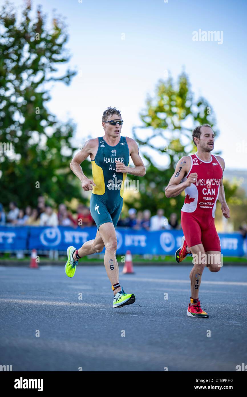 Matthew Hauser participating in Pontevedra in the 2023 World Triathlon ...
