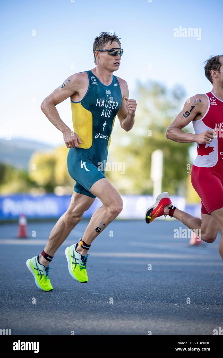 Matthew Hauser participating in Pontevedra in the 2023 World Triathlon ...