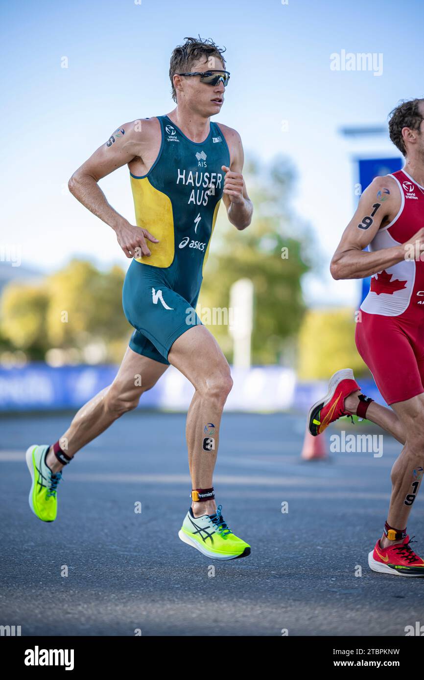 Matthew Hauser participating in Pontevedra in the 2023 World Triathlon ...