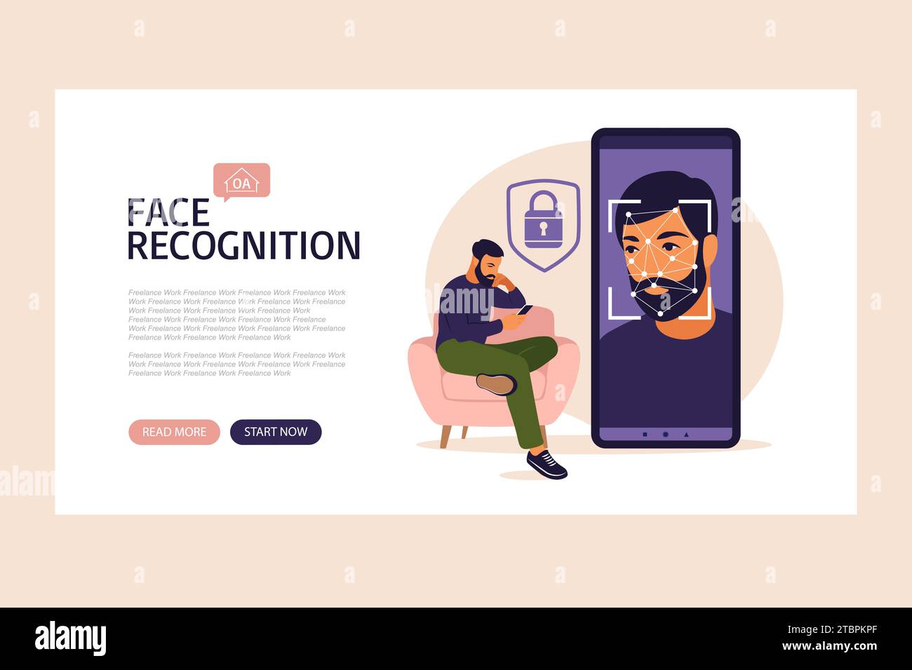Facial recognition system landing page. Face ID. Mobile app for face recognition. Facial ...