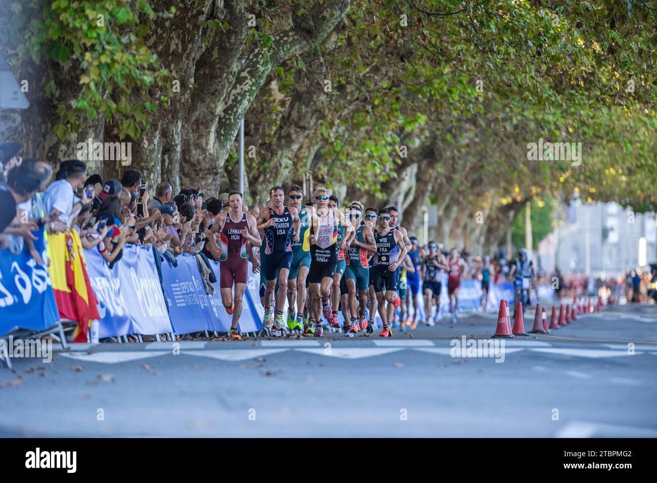 Group of triathletes running in a group in Pontevedra in the 2023 World ...