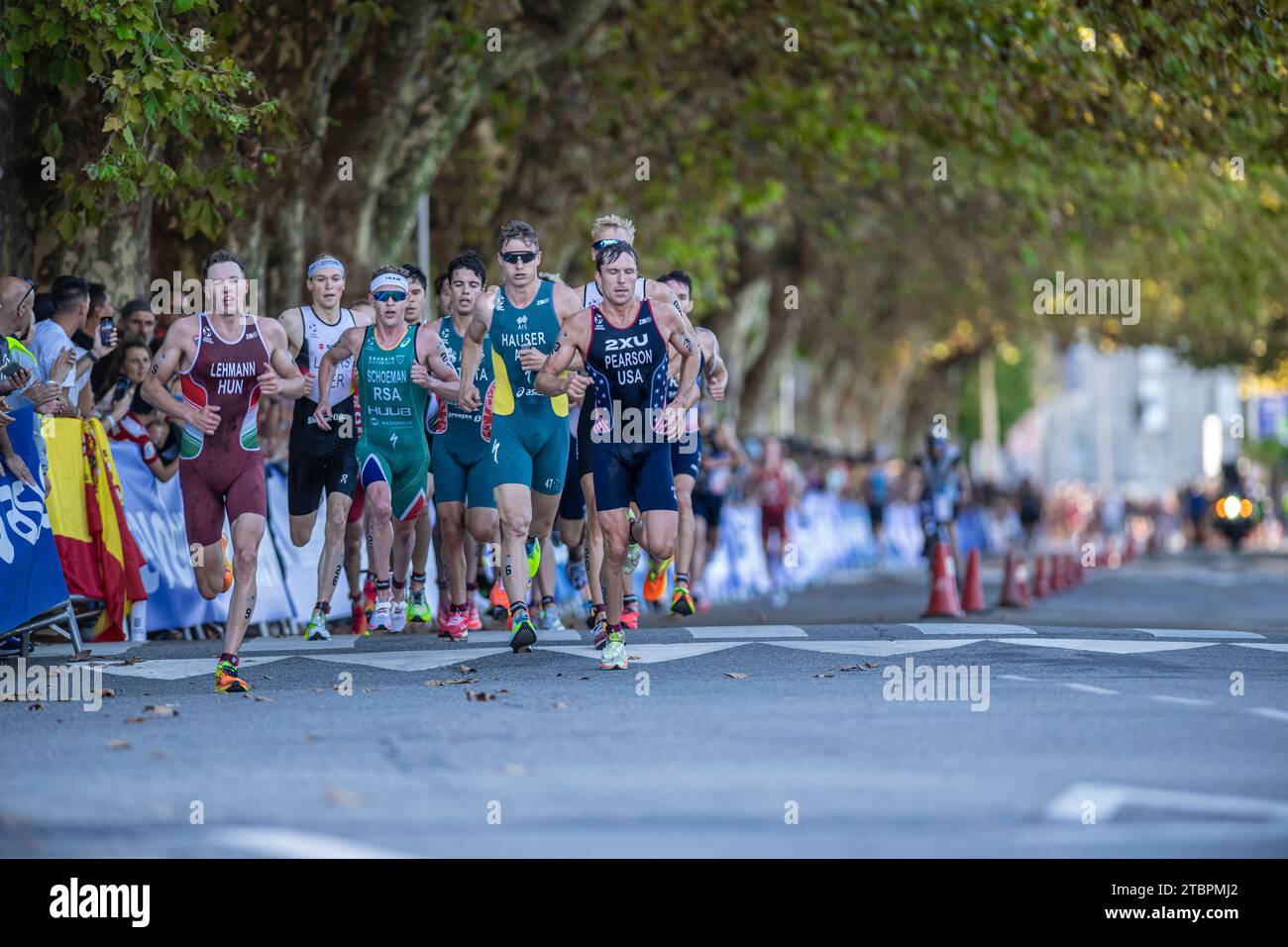 Group of triathletes running in a group in Pontevedra in the 2023 World ...