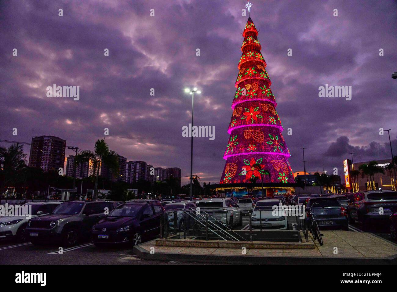 Christmas tree at dusk, Shopping Downtown parking lot at Barra da ...