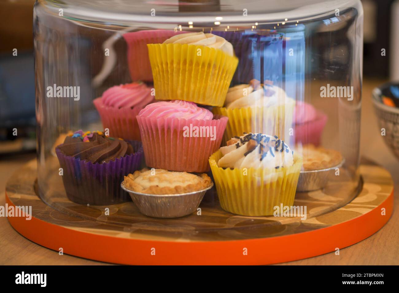 An array of colorful cupcakes and foil coated mince pies under a glass ...