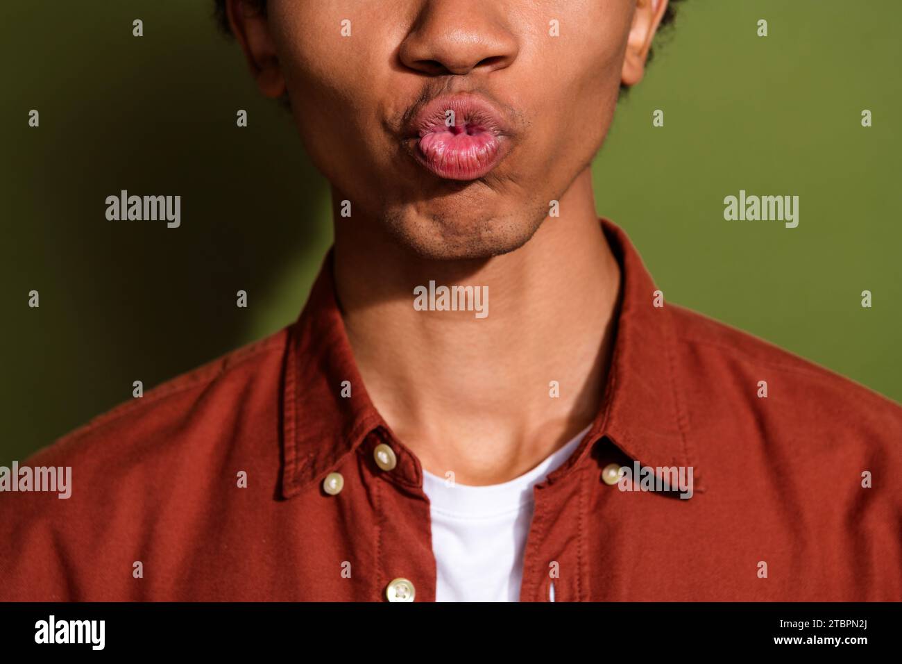 Close up photo of handsome young guy pouted lips kissing dressed ...