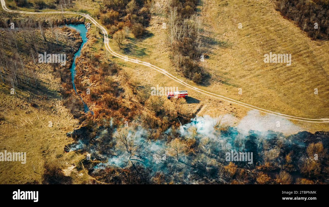 Aerial View. Spring Dry Grass Burns During Drought Hot Weather. Bush ...