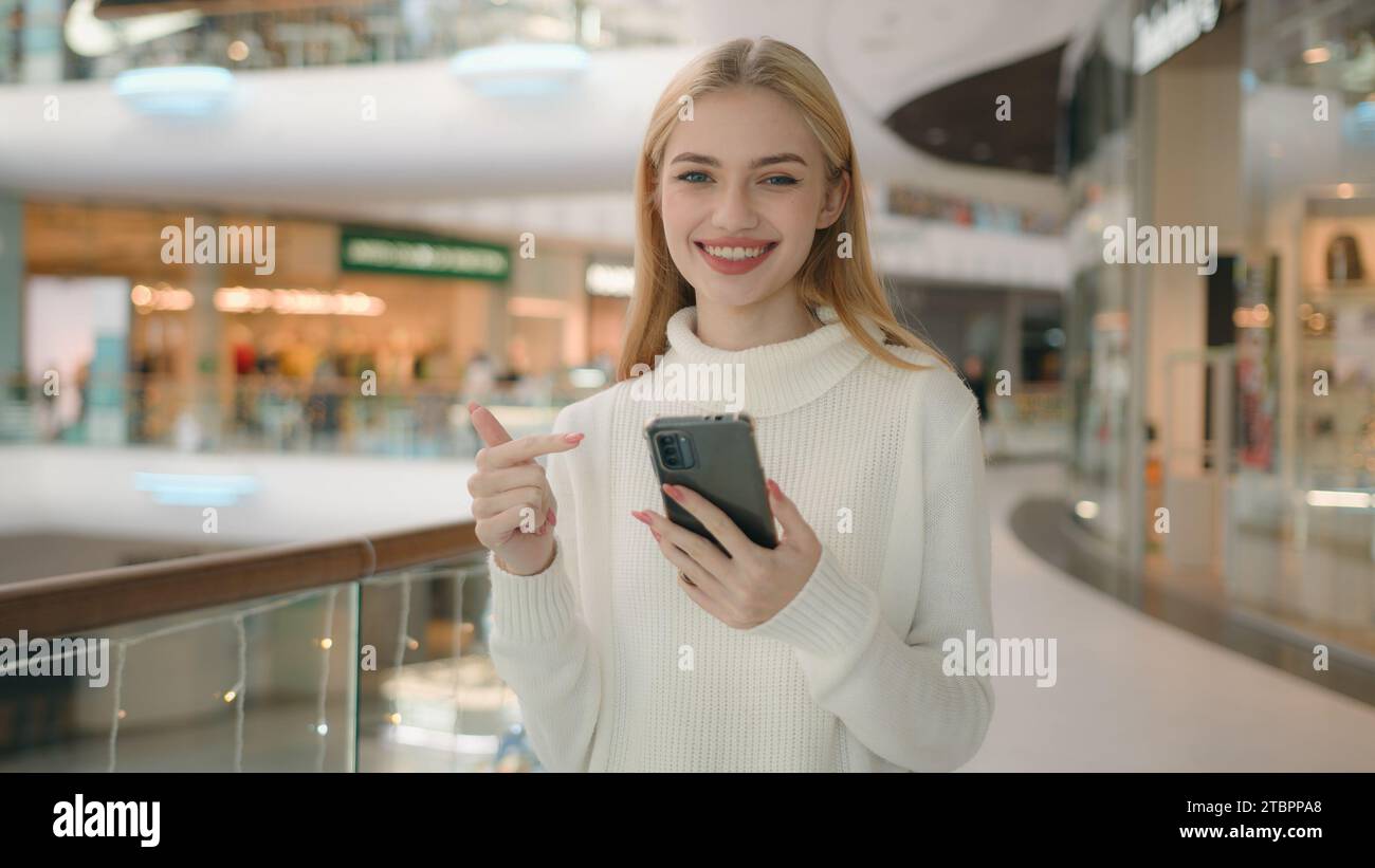 Shocked surprised Caucasian woman lady client customer gen z user read ...