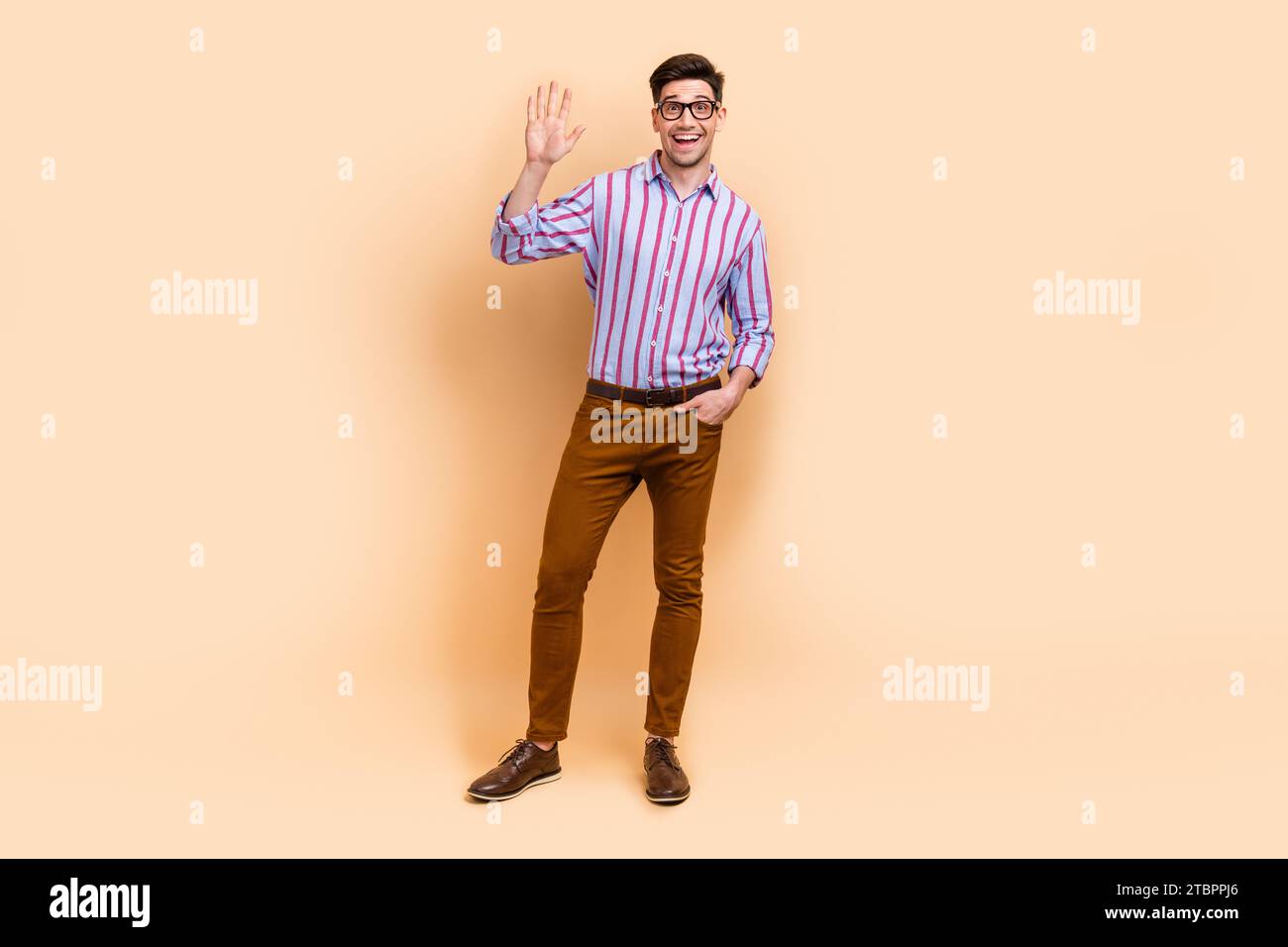 Full length photo of positive nice man dressed trendy clothes raise ...