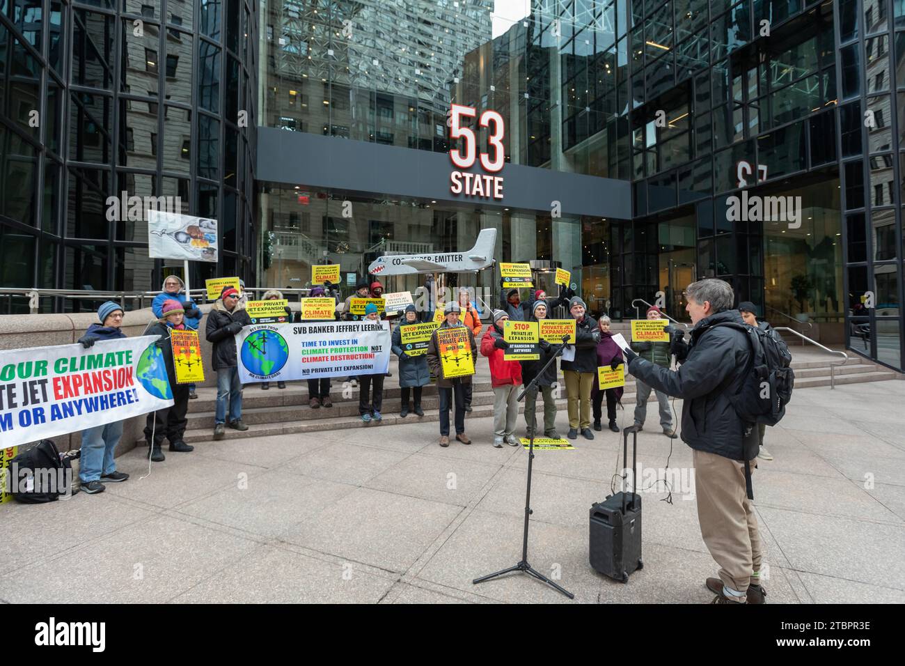Dec. 7, 2023. Boston, MA. Protestors gather at 53 State Street offices ...