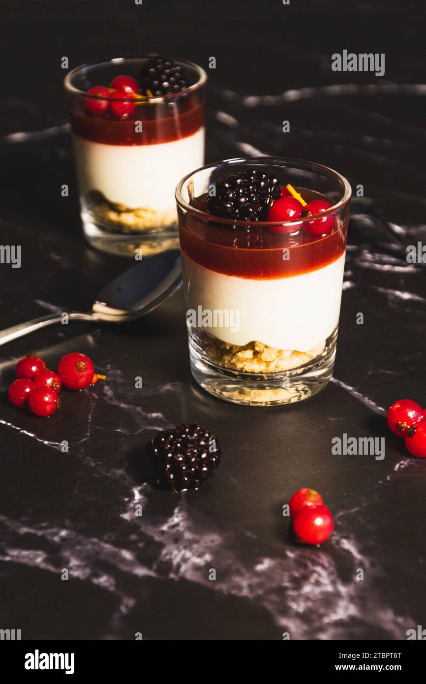 Dessert, dessert cream, fruits, cake crumbs Stock Photo - Alamy