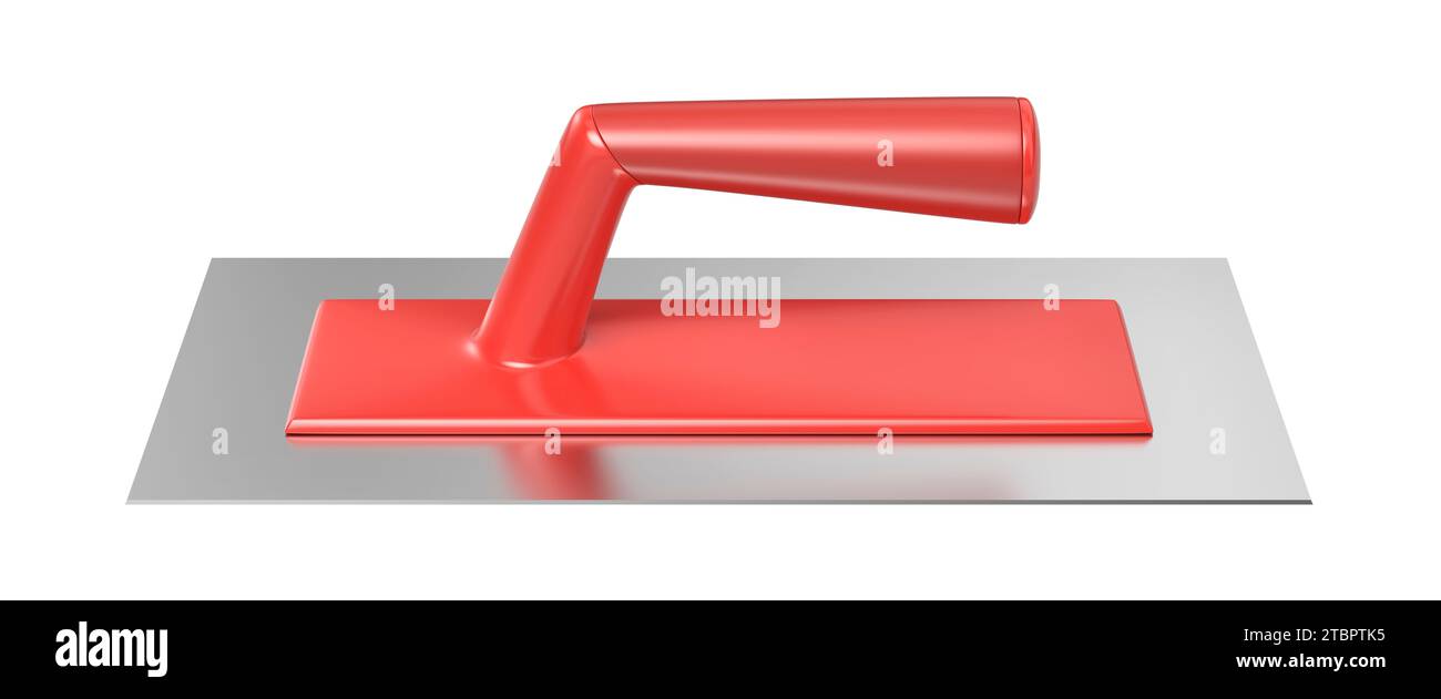 Side view of plastering trowel with red plastic handle, isolated on ...