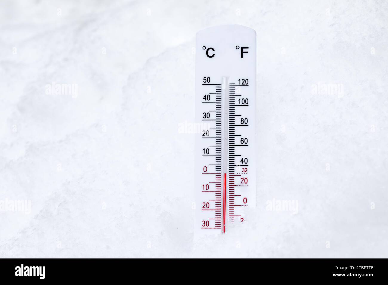 Thermometer with celsius and farenheit scale placed in a snow showing ...
