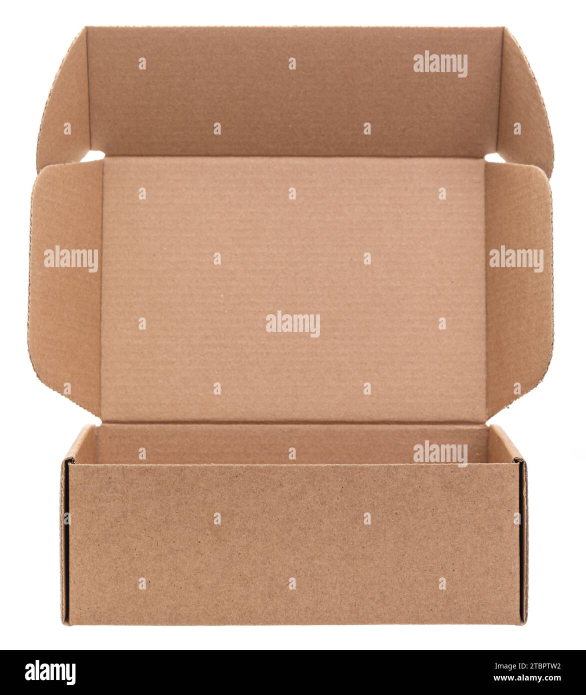 Open empty foldable corrugated postal box isolated on white background ...