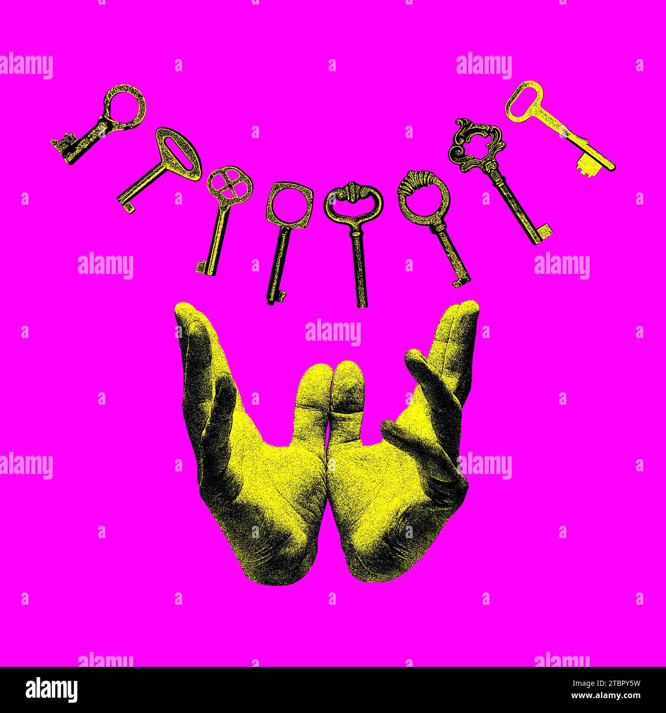 Human hands and many keys against pink background. Making correct ...