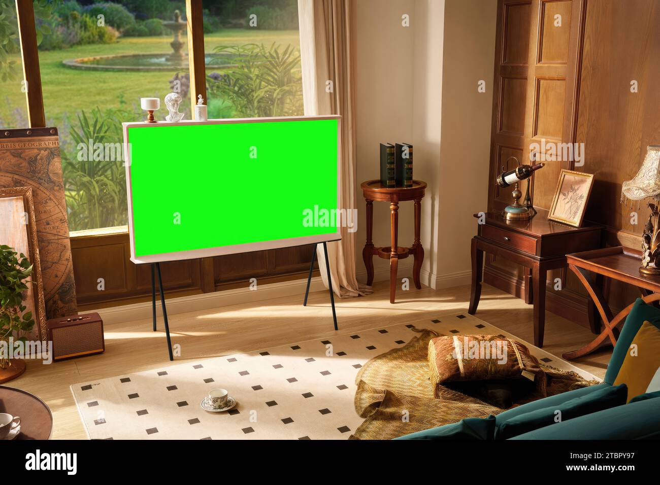 People are watching and enjoying next to the TV, monitor with green ...