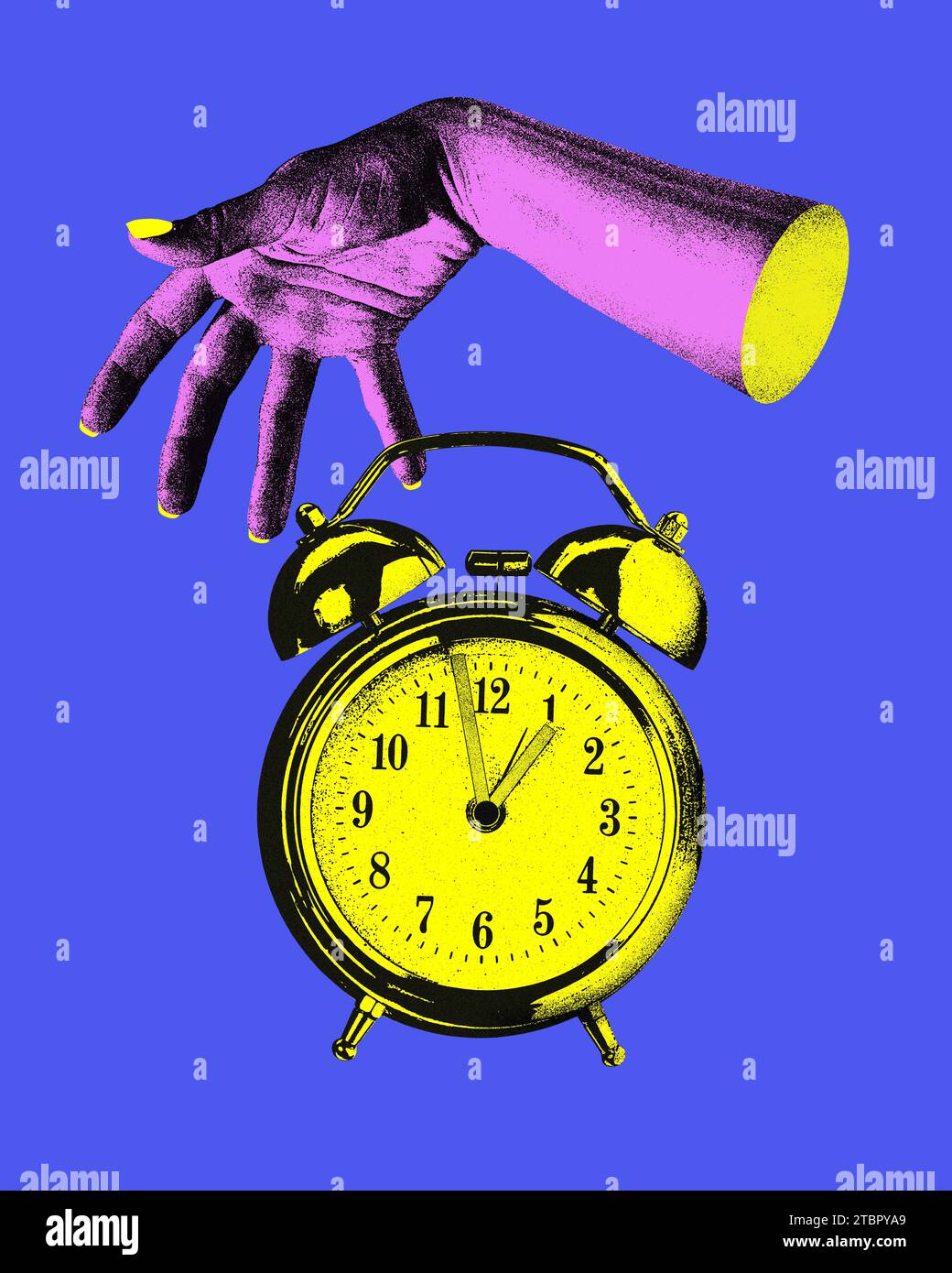 Female hand and alarm clock over blue background. Time management ...