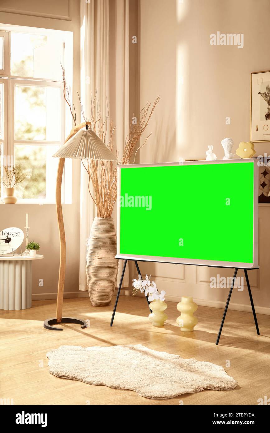 People are watching and enjoying next to the TV, monitor with green ...