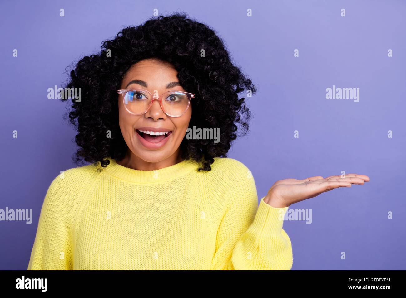 Portrait of ecstatic person wear knit pullover in glasses arm ...