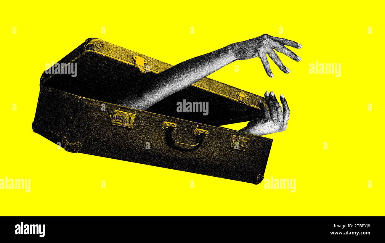 Female hand stacking out vintage suitcase against bright yellow ...