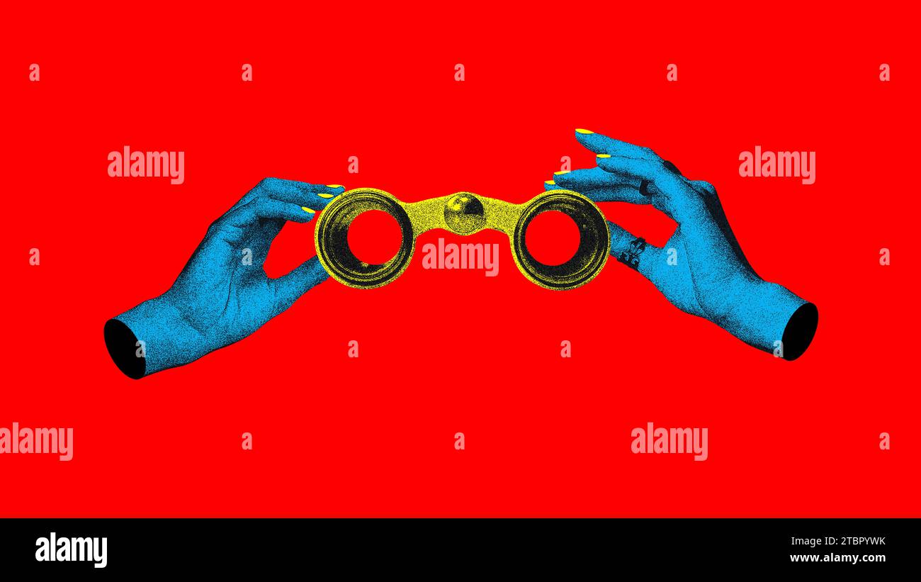 Female hands holding binocular, opera glass against red background ...
