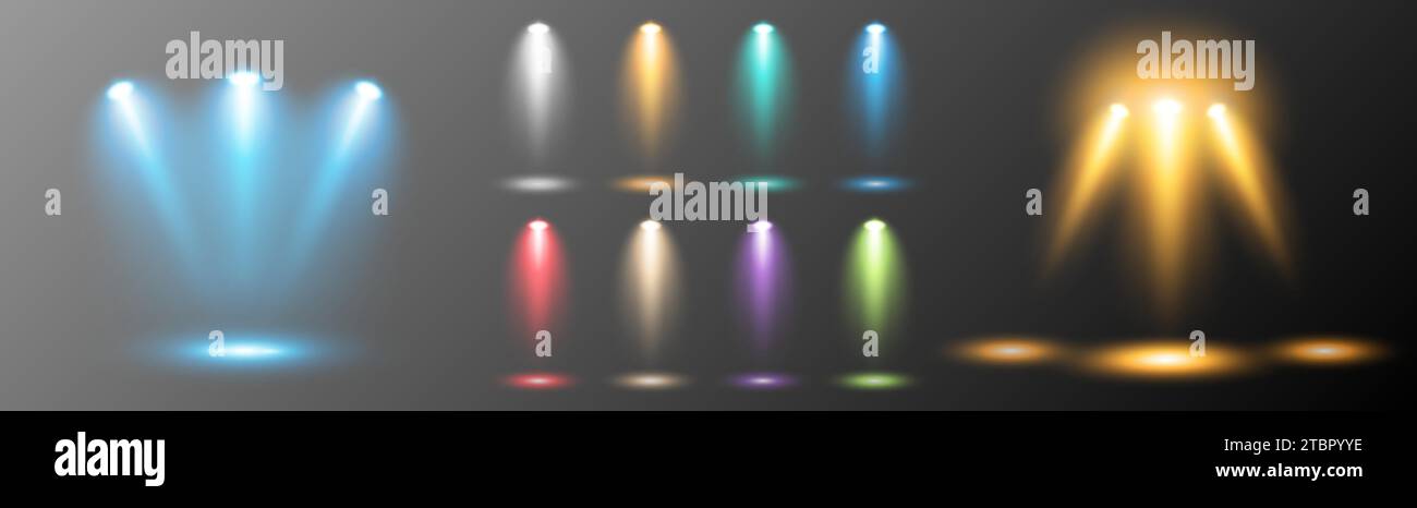 A large set of colored spotlights, lighting the stage with the light of ...
