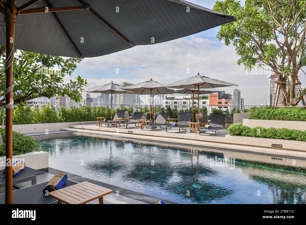 Luxury rooftop swimming pool with city skyline view. Urban lifestyle ...