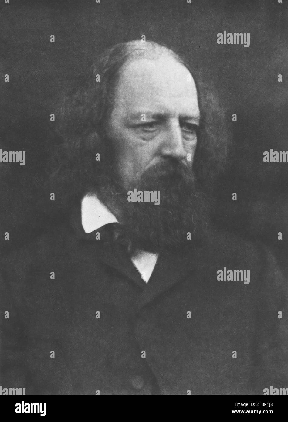 Alfred Tennyson. His eyes are downcast and looking slightly to the ...