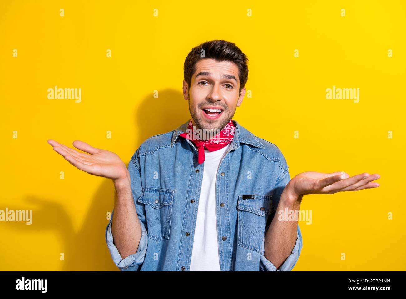 Photo portrait of nice young man shrug shoulders dont care indifferent ...
