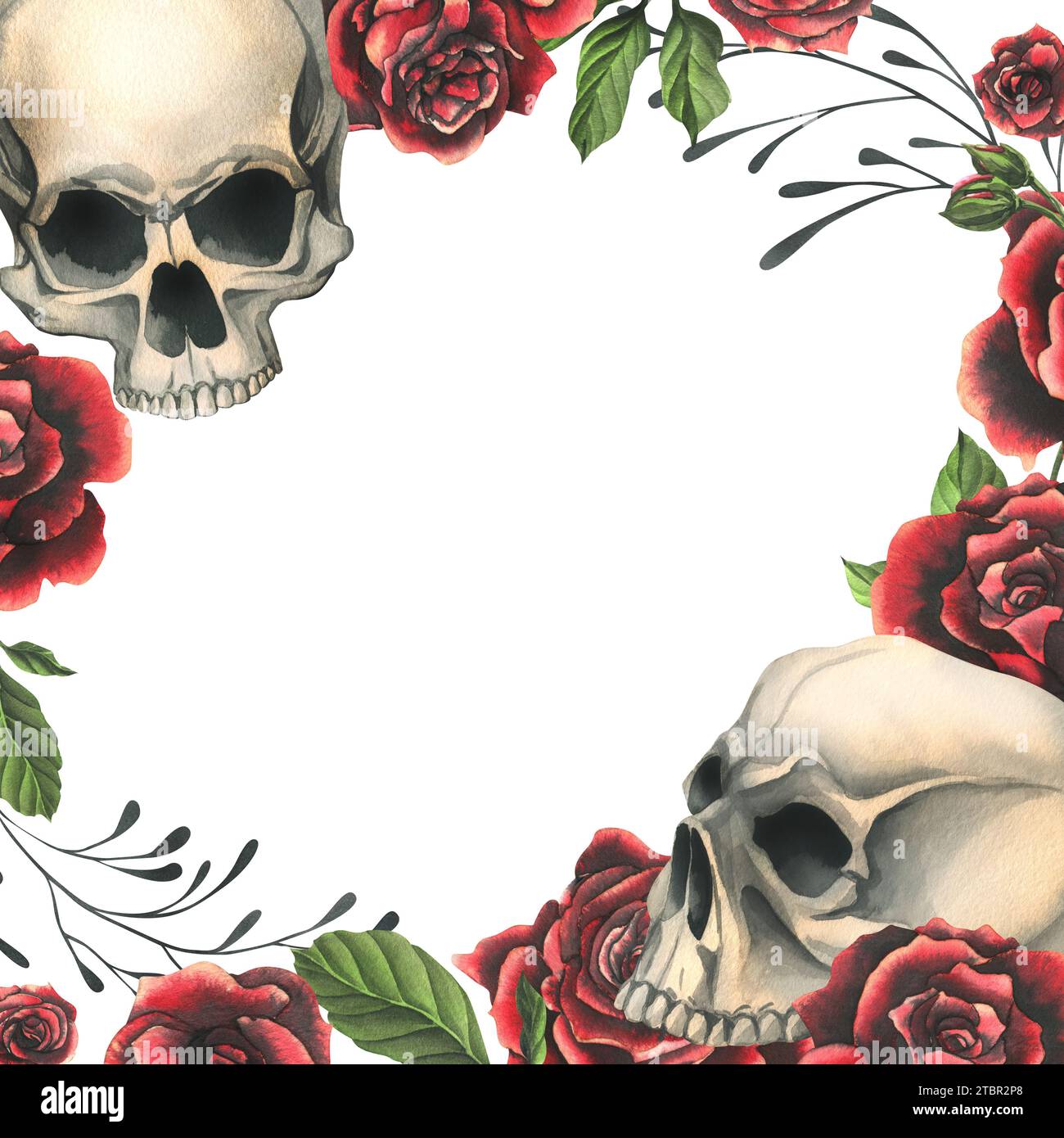 Human skulls realistic with black and red roses, green leaves and black ...