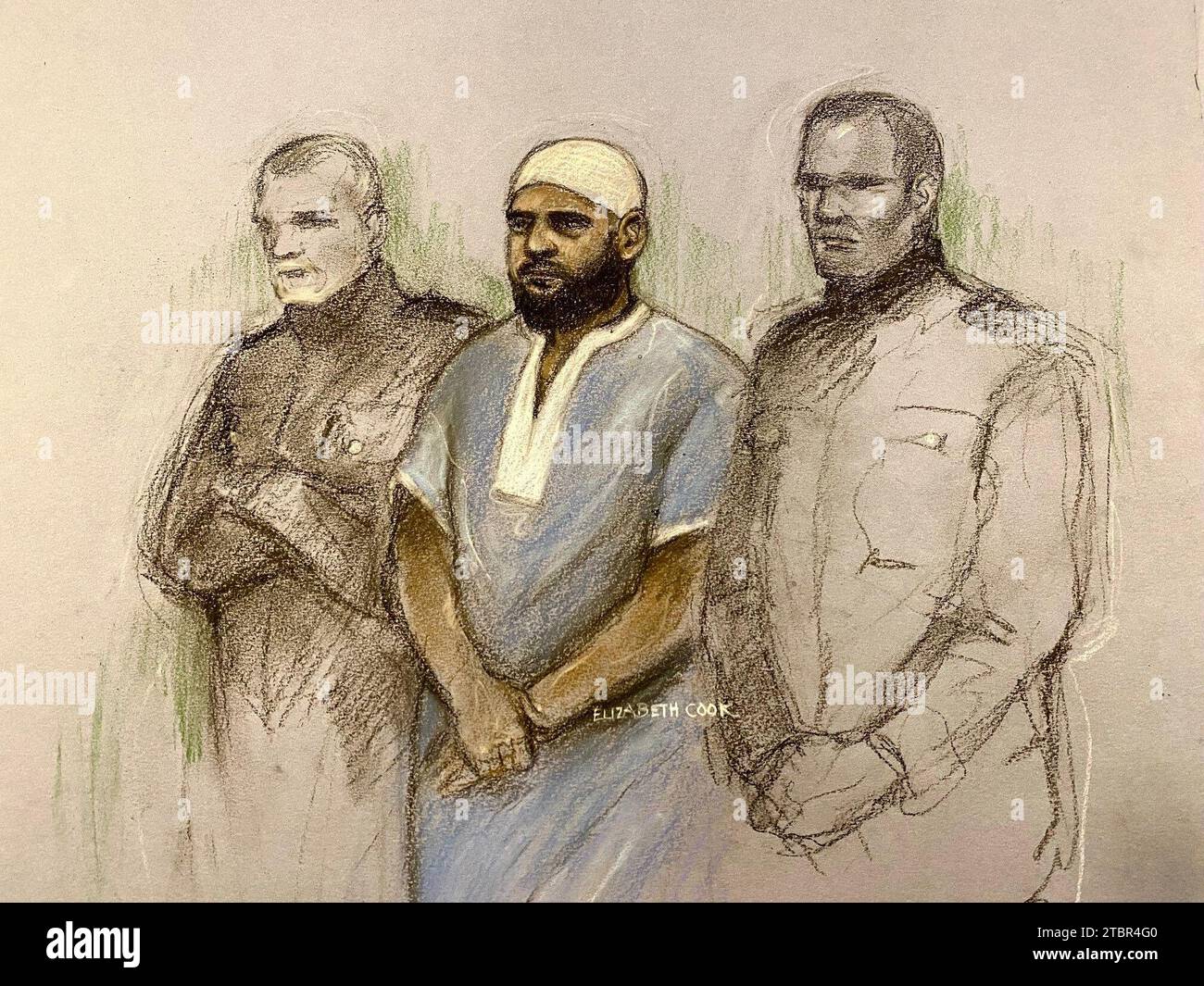 Court artist sketch by Elizabeth Cook of Mohamed Rahman during his ...