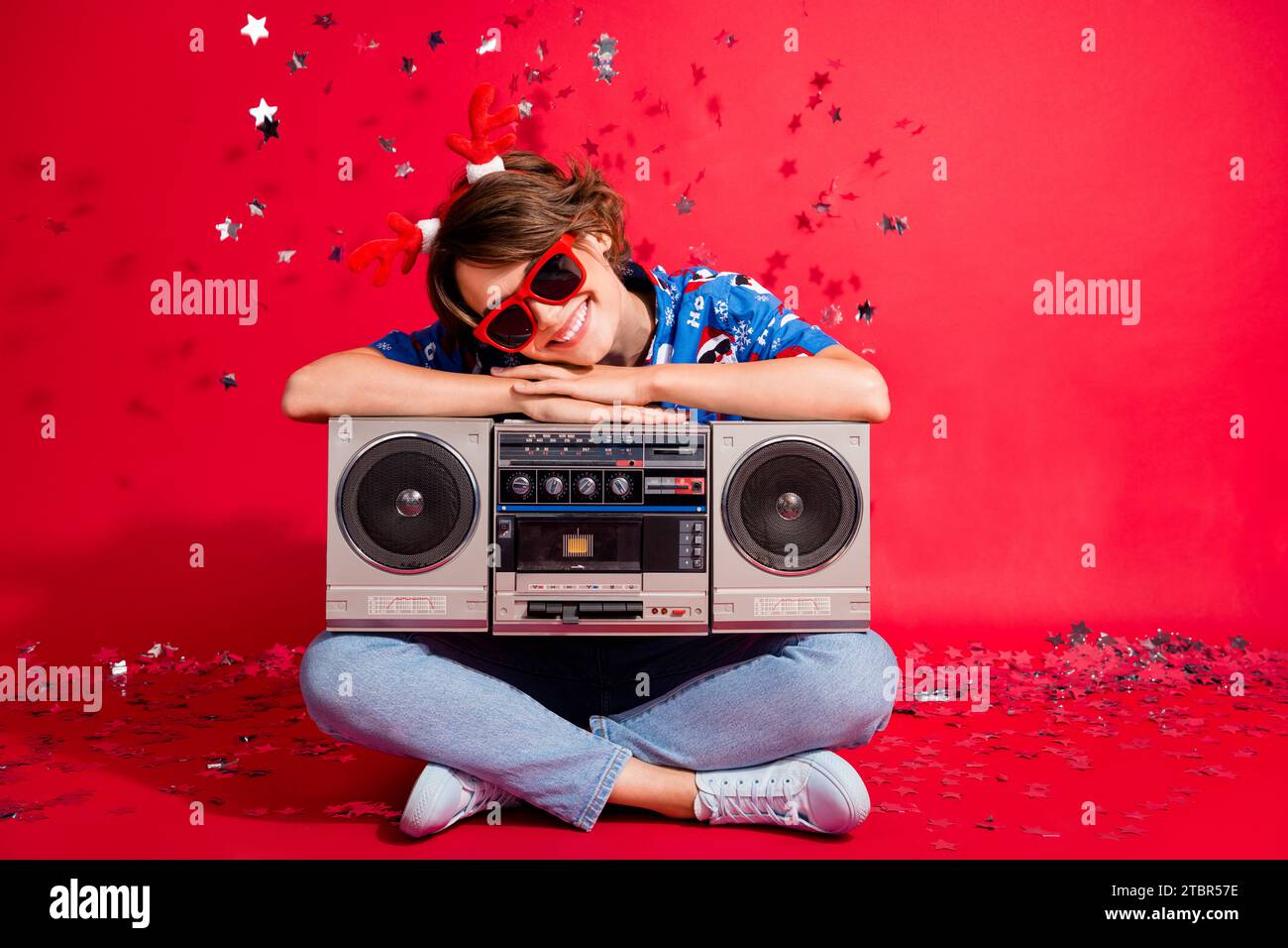 Full body photo of young girl folded arms over nostalgy boombox falling ...