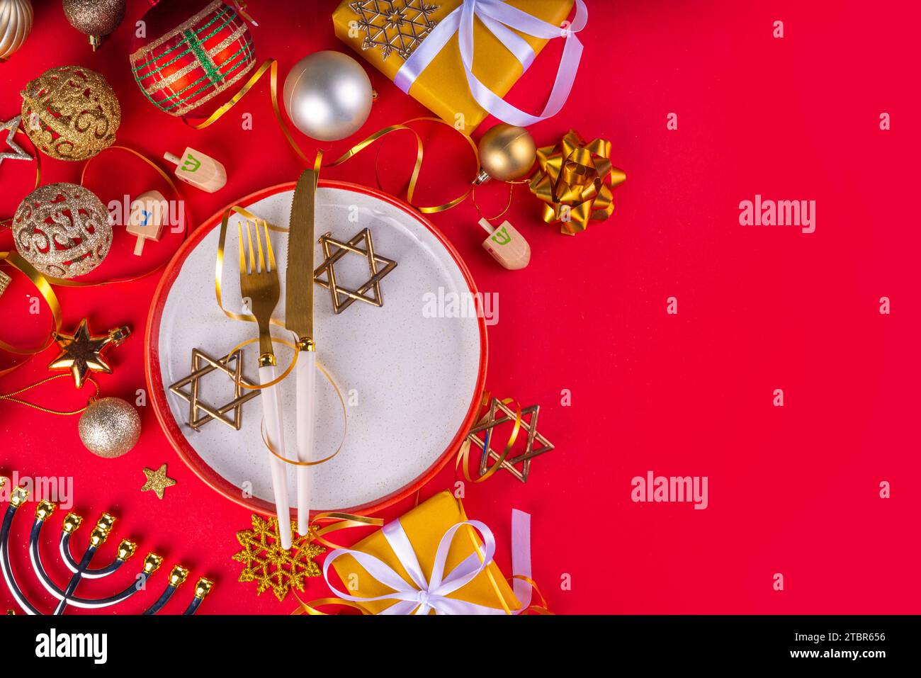 Jewish holiday Hannukah table setting greeting card background, festive ...