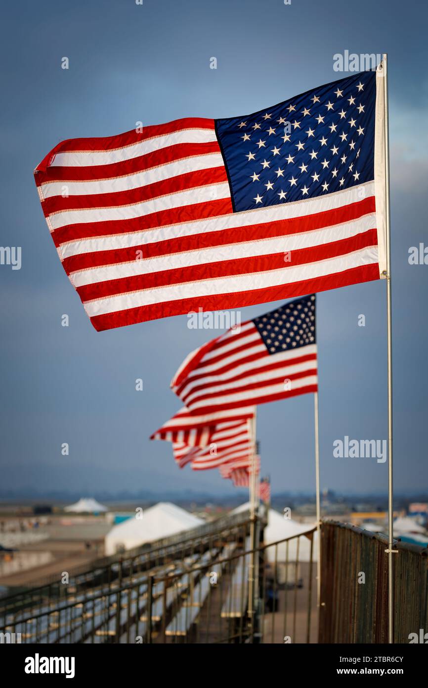 American Flags on the grandstands at sunrise before America's Airshow ...