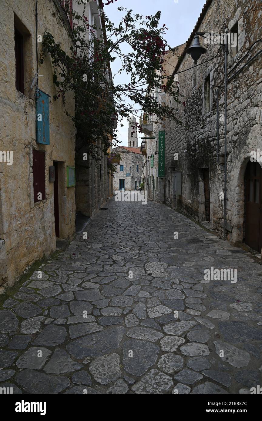 Landscape with scenic view of antique stone buildings and local shops ...