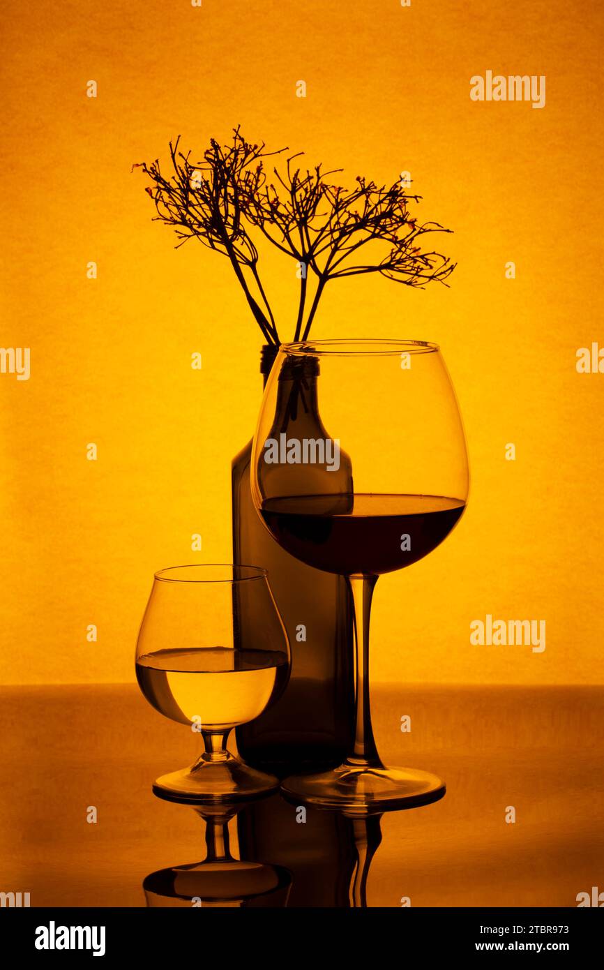 Still life with colored glass bottles and plant twigs Stock Photo - Alamy