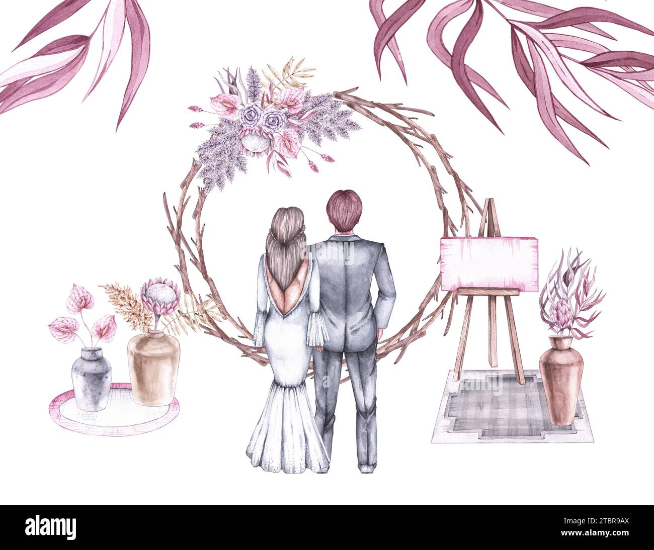 Watercolor bride and groom at wedding arch decor in boho style ...