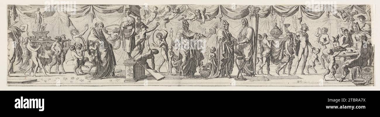 Frieze-like composition of figures walking alongside draped curtains ...
