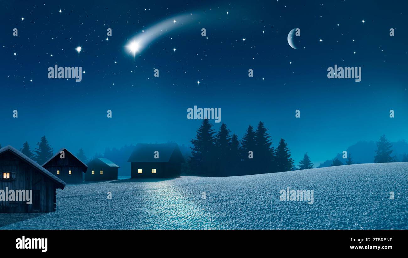 Snow-covered village with illuminated windows on a cold winter's night ...