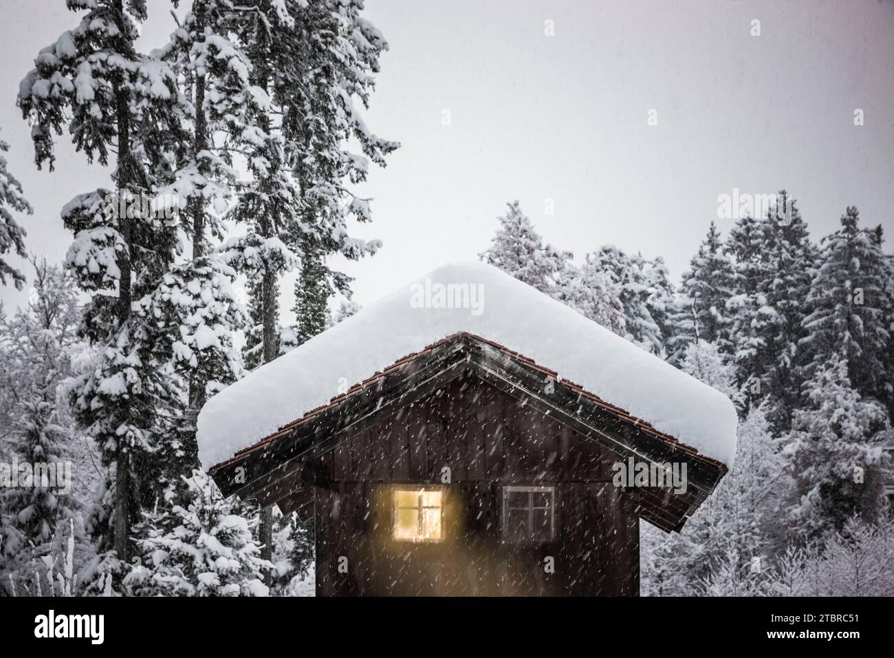 Snow-covered mountain hut in winter with illuminated window Stock Photo ...