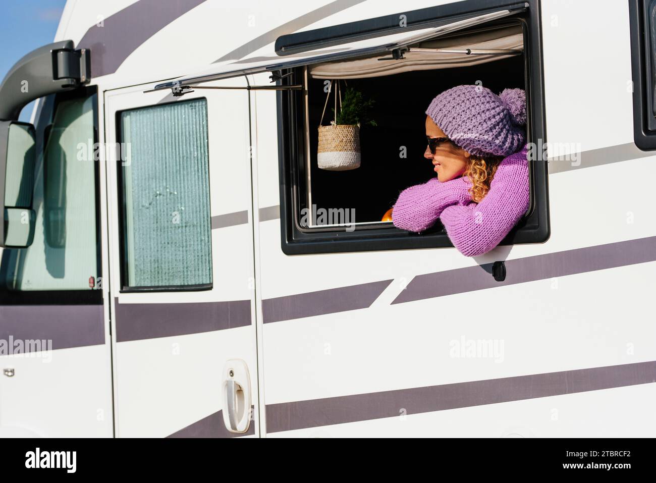 One happy wolo traveler woman enjoy view and have relax leisure ...