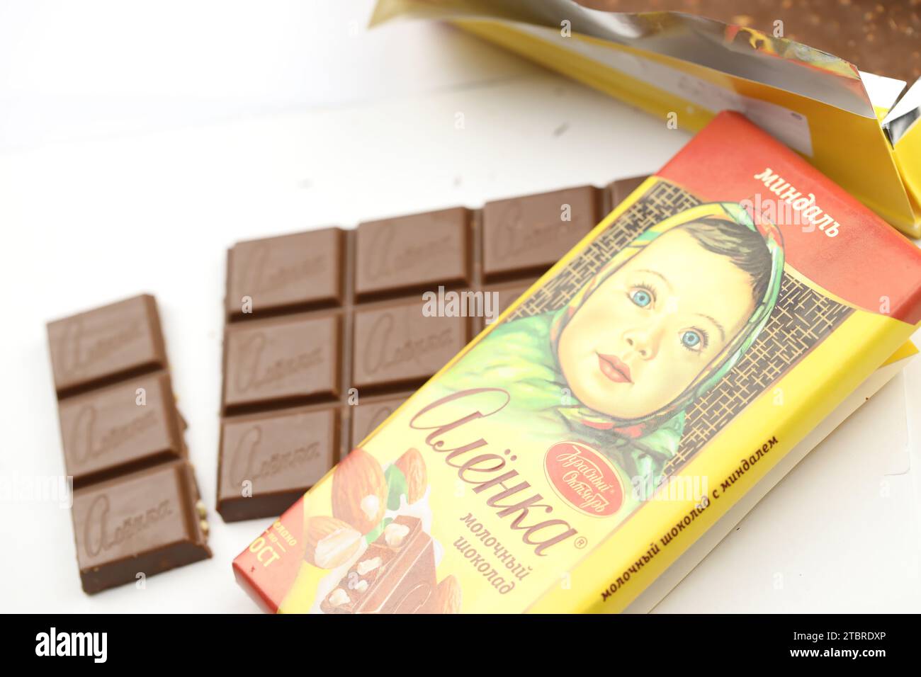 KHARKIV, UKRAINE - JANUARY 27, 2021 Alyonka chocolate square bars ...