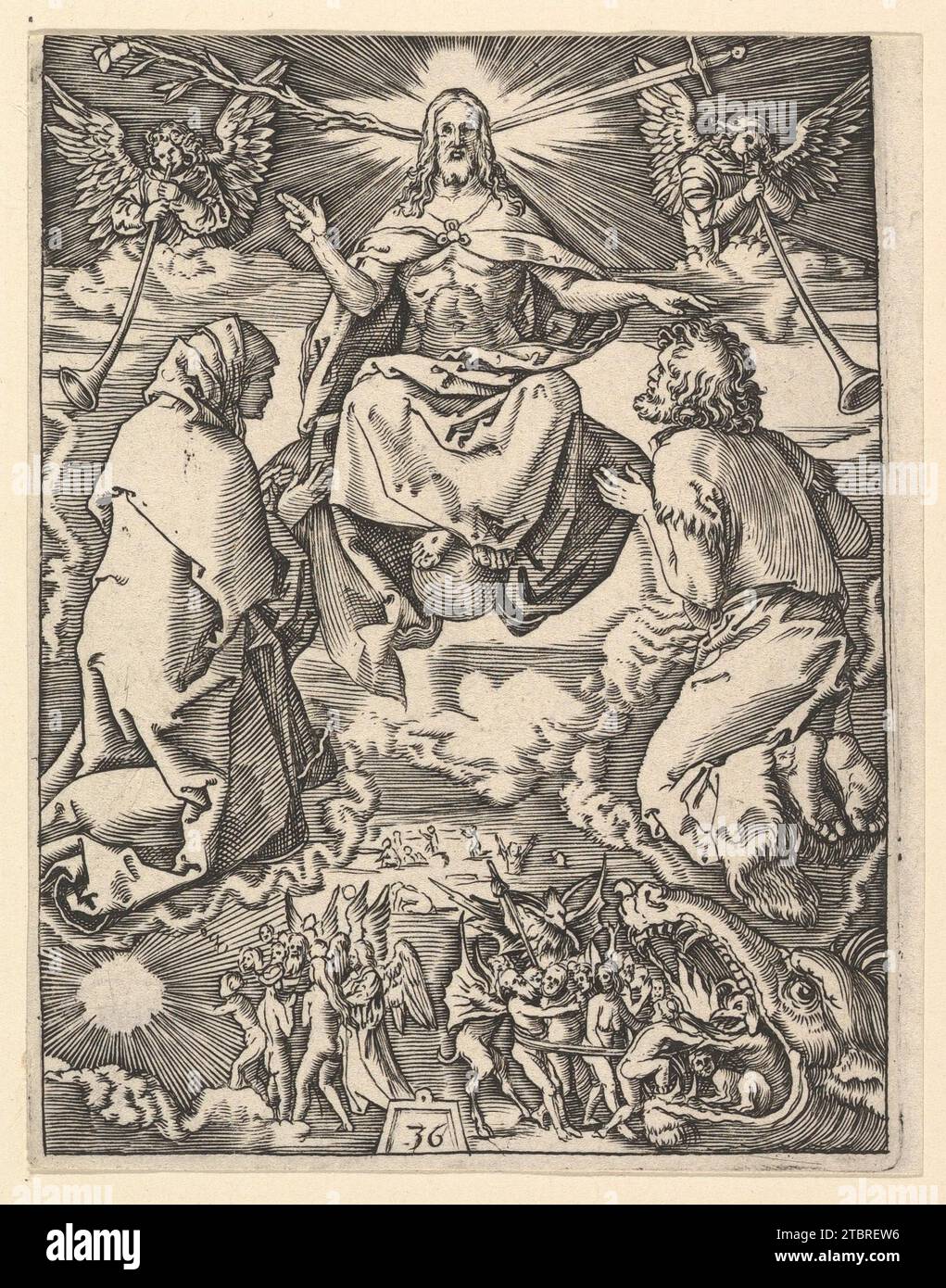The Last Judgment; Christ with lily and sword at top, flanked by Virgin ...