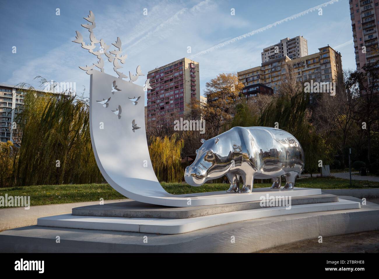 13 June Tbilisi flood tragedy memorial of silver hippo and white ...