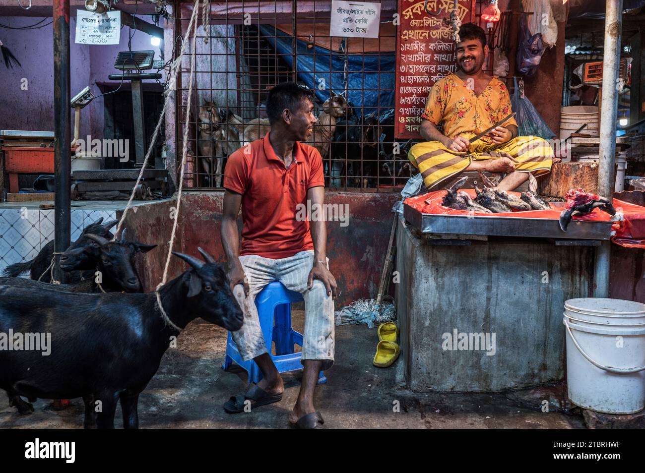 The typical Bangladeshi market. Butchers, fish, vegetables and spices ...