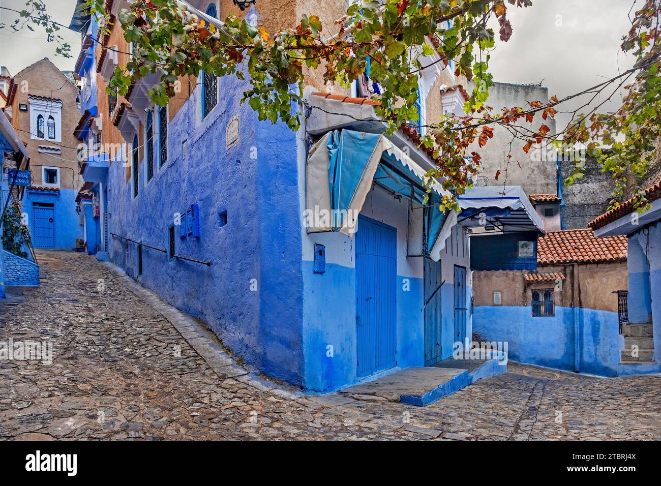Narrow alleyways with blue walls, houses and doors in medina / historic ...